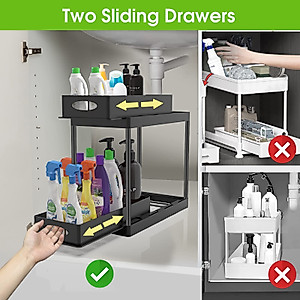 Under Sink Organizer with Dual Sliding Drawers, 2 Tier Under Kitchen Sink Organizers and Storage with 4 Hooks, Slide Out Under-Sink Storage for Bathroom Organizer, Kitchen Organization (Black)