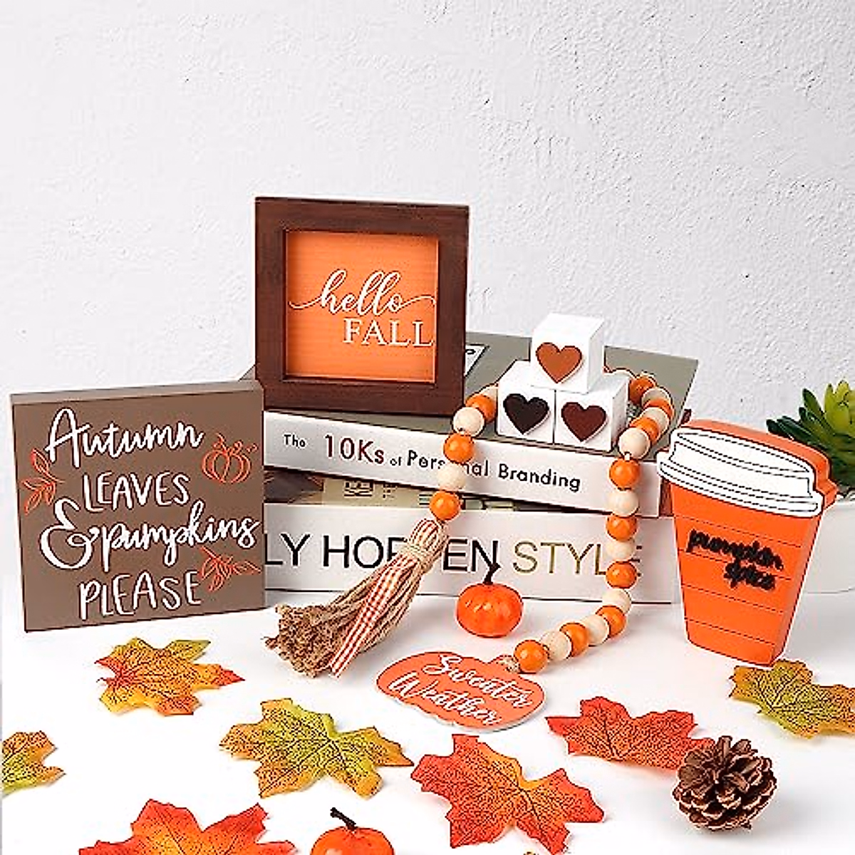 Fall Table Decor, Farmhouse Fall Home Decor Set with 3 Heart Blocks, 3 Wooden Signs and Wood Bead Garland for Tiered Tray, Shelf and Mantle - Fall Decorations for Home (Tray not Included)