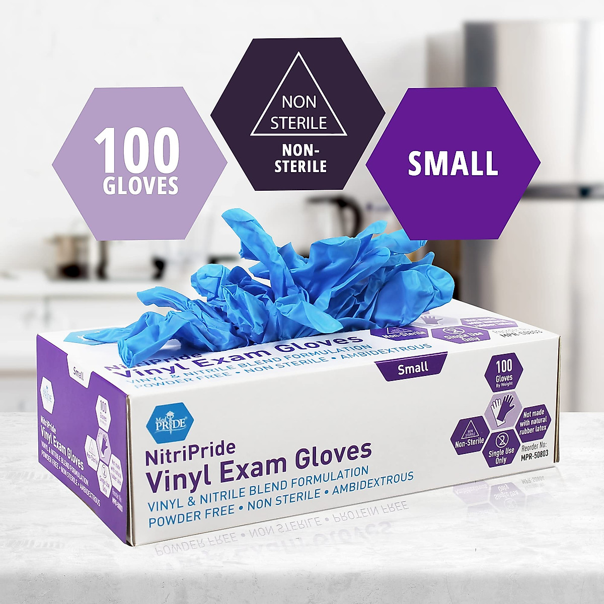 MED PRIDE NitriPride Nitrile-Vinyl Blend Exam Glove, Small 100 - Powder Free, Latex Free & Rubber Free - Single Use Non-Sterile Protective Gloves for Medical Use, Cooking, Cleaning & More