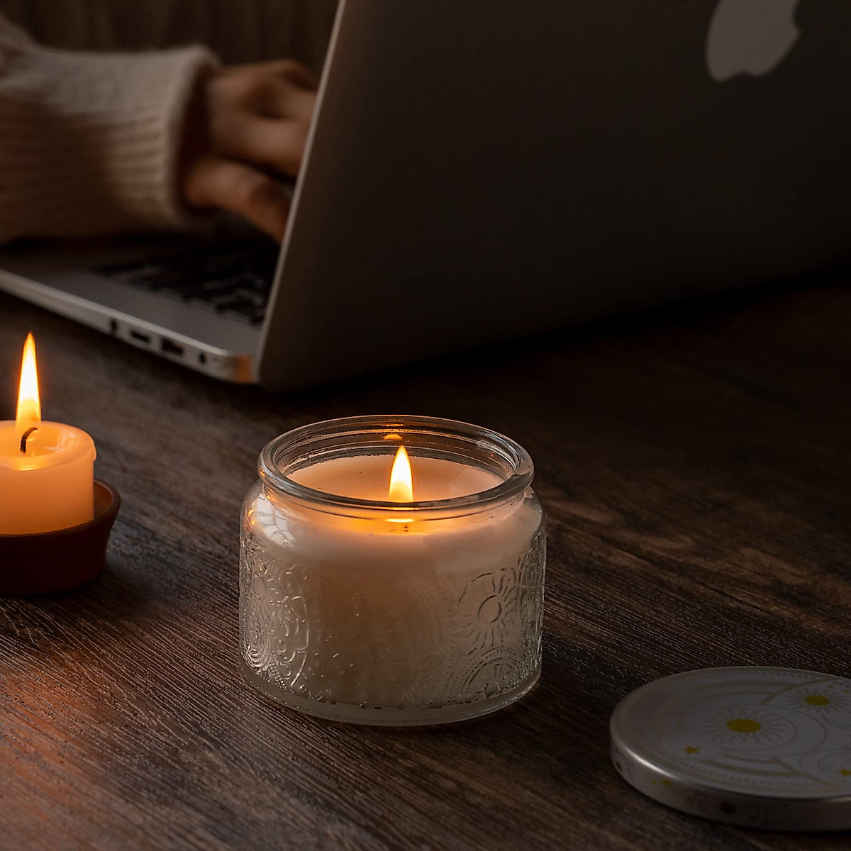 Art Secret 4oz Sun Moon Stars Embossed Glass Candle Container with Lid and Labels (Pack of 18, Clear)