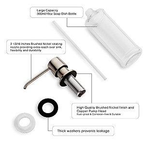 PBF Built in Soap Dispenser for Kitchen Sink, Lotion Dispenser with Above The Sink Refillable Bottle, Brass Pump Head, for countertop, Brushed Nickel