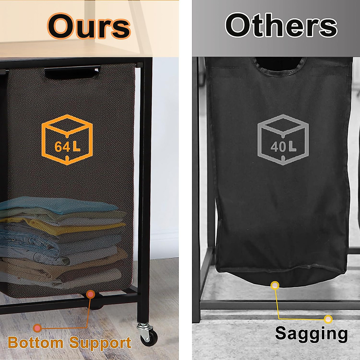 Timberer Laundry Hamper, Laundry Sorter, Rolling Laundry Basket with Wheels, 2 Shelves, 16.9 Gal(64L), Pull-Out and Removable Laundry Bags, for Laundry Room, Black and Rustic Brown