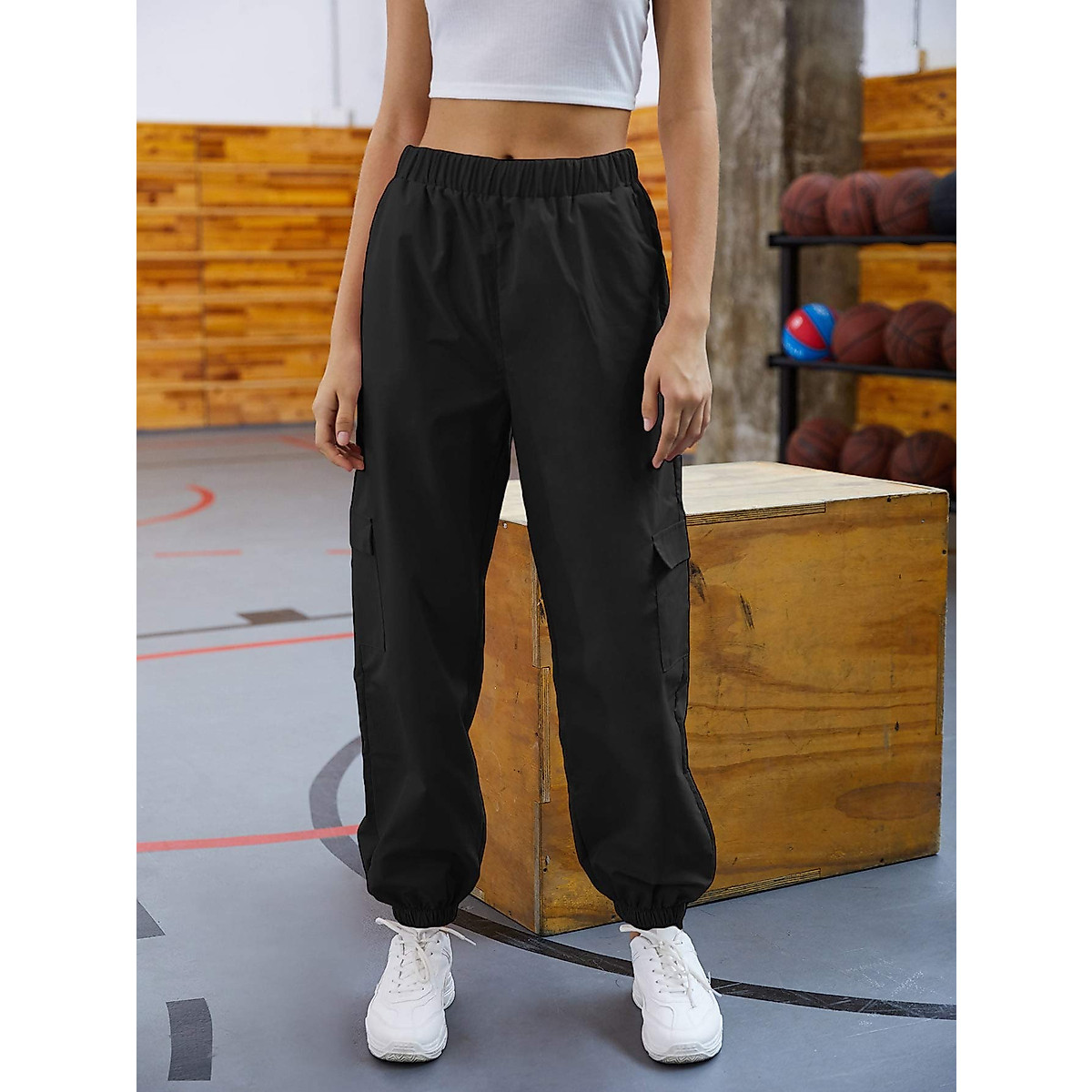 SweatyRocks Women's Casual Elastic Waist Jogger Workout Cargo Pants with Pockets Pure Black XS