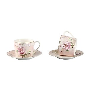 GuangYang Porcelain Tea Cups and Saucers,7 Ounce,Set of 2,Peony Flower Design Coffee Cup with Saucer,220ml Vintage Teacup (Total 4 pieces)