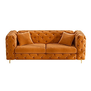 OUYESSIR 75" Comfy Modern Velvet Sofa Couch, Upholstered Deep Seat Sofa Tufted Couch with Metal Gold Legs and Pillows for Living Room Bedroom Office, Orange