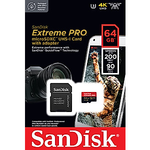 SanDisk 64GB Extreme PRO® microSD™ UHS-I Card with Adapter C10, U3, V30, A2, 200MB/s Read 90MB/s Write SDSQXCU-064G-GN6MA