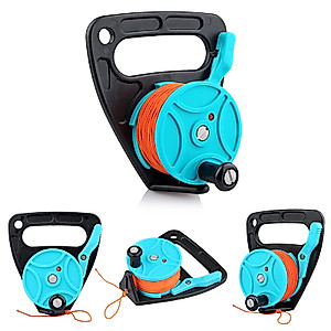 Scuba Dive Reel with Thumb Stopper, 150-foot High Visibility Retractable Line Diving Reel Finger Spool with Handle Stop Switch for Cave and Wreck Exploration, Kayaking Anchor, Spear Fishing, SMB Blue