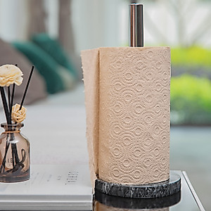 Koja Natural Black Marble and Stainless Steel 12.5” Paper Towel Holder with No-Slip 6” Base. Stylish Modern Design to Enhance Any Kitchen and Impress Your Friends and Guests.