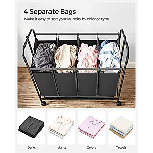 4-Bag Rolling Laundry Sorter with Hanging Bar Heavy-Duty Wheels Larger Bags Black Polyester