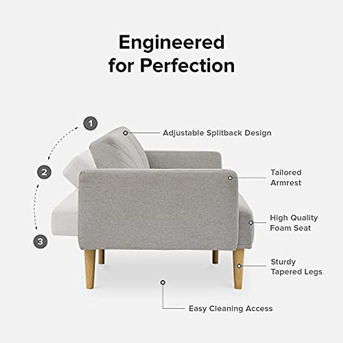 mopio Chloe Futon Sofa Bed, Convertible Sleeper Sofa, Couch, Loveseat, with Tapered Legs, 77.5", Splitback Sofa, Small Couches for Living Room