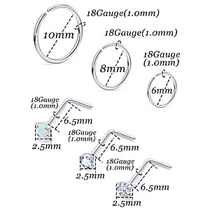 Vsnnsns 18G Nose Rings for Women Surgical Steel Nose Rings Hoops L Shaped Nose Studs Nose Hoop Rings 6mm 8mm 10mm Opal Nose Rings 2.5mm Diamond CZ Nose Ring Piercing Jewelry Silver 21Pcs