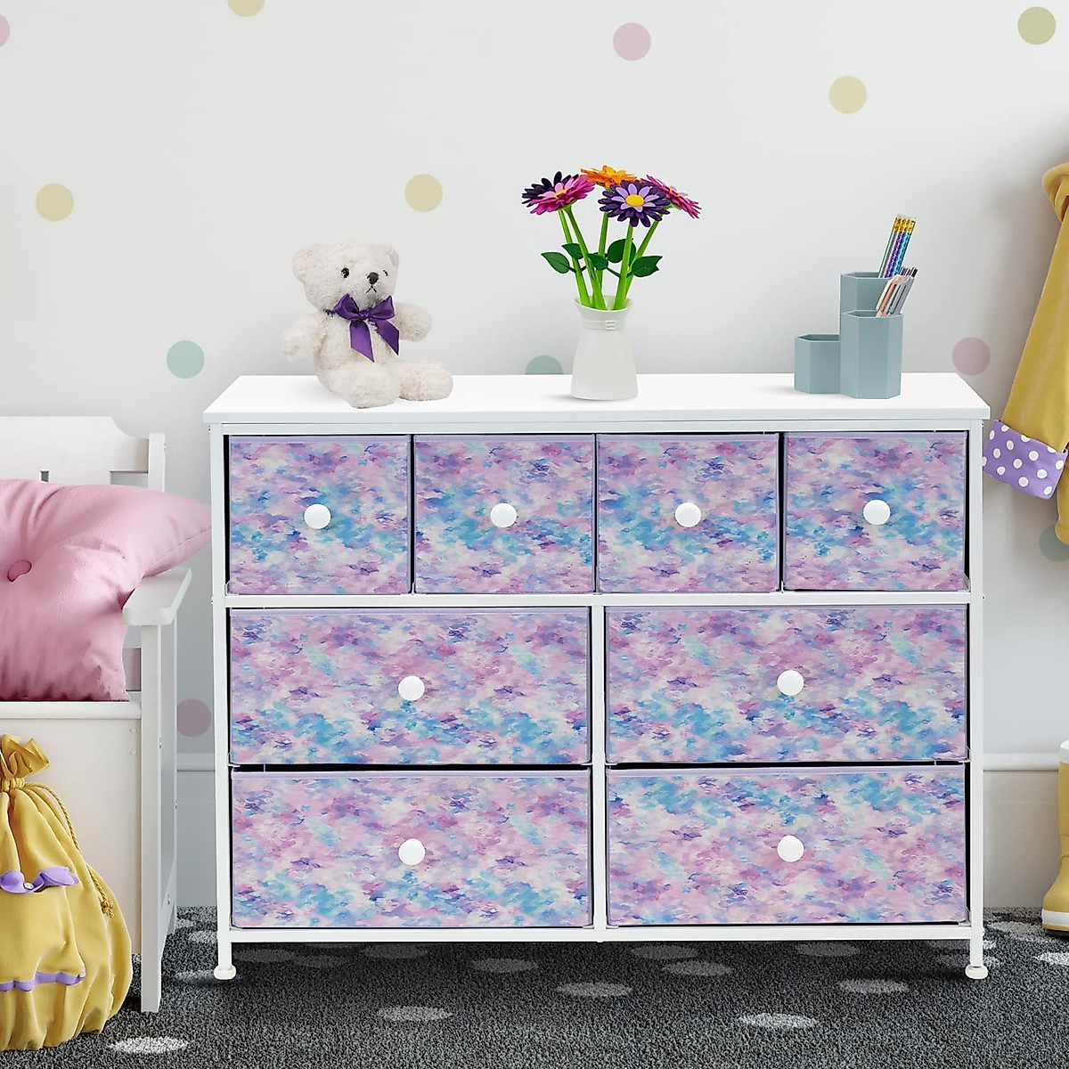 Sorbus Fabric Dresser for Kids Bedroom - Chest of 8 Drawers, Storage Tower, Clothing Organizer, for Closet, for Playroom, for Nursery, Steel Frame, Fabric Bins - Knob Handle (Tie-dye Purple)