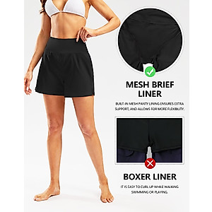 Viodia Women's 3" High Waisted Swim Shorts with Zipper Pocket Quick Dry Board Shorts for Women Swimsuit Shorts with Liner Black XS