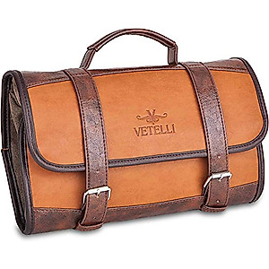 Vetelli Foldable Hanging Leather Travel Toiletry Bag for Men with 2 Zippered Internal Pockets, 2 Snap-Fastened Internal Pockets, and Hanging Hook