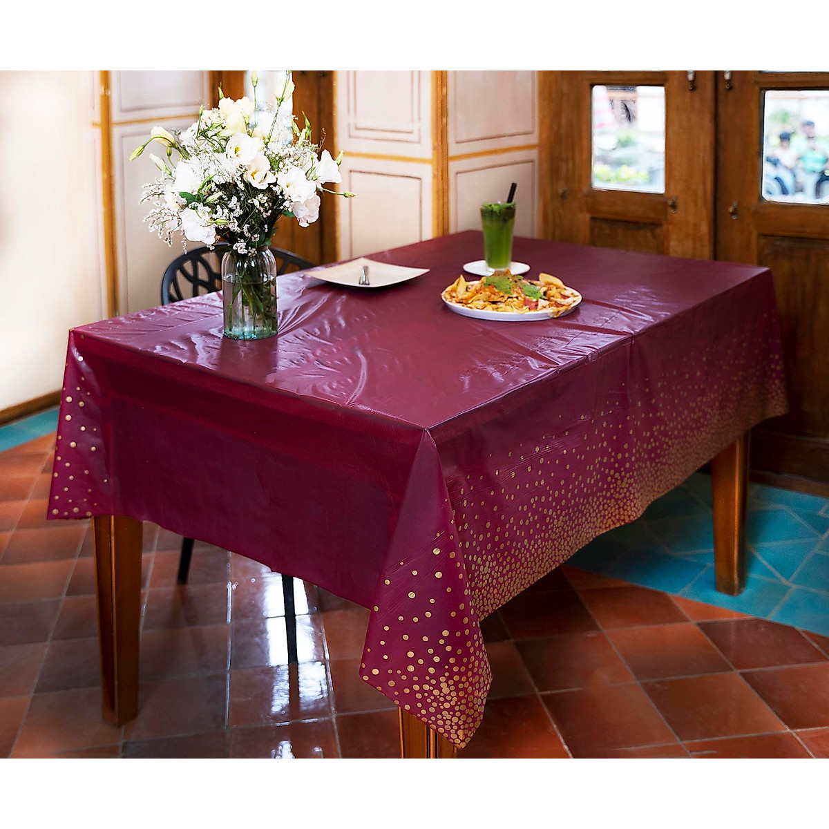 Neatiffy 54 x 108 Inch Rectangle Plastic Table Cloth Picnic/Camping/Birthday Party/Banquet Table Cover. Disposable/Reusable Tablecloths - Burgundy with Golden Dot