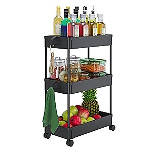 Boeeoan 3 Tier Rolling Utility Storage Cart, Mobile Shelving Organizer with Hooks for Kitchen Bathroom Laundry Room Living Room, Black