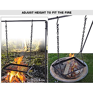 REDCAMP Campfire Cooking Stand for BBQ Picnic Cookware Party, Swing Hanging Grill for Fire Pit with Dutch Oven Lid Lifter & Hooks