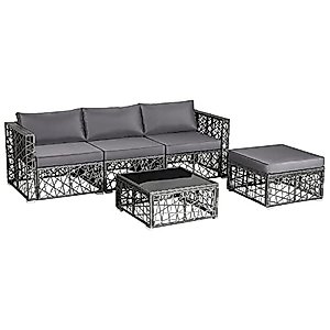 Tangkula 5 Pieces Patio Furniture Set, Patiojoy All Weather Heavy Duty Outdoor PE Rattan Wicker Sectional Cushioned Sofa Set with Tempered Glass Coffee Table and Ottoman for 4, Poolside, Garden (Grey)
