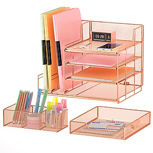 VIVSOL Rose Gold Desk Organizer, Desk Organizers and Office Desk Accessories with Drawer + Vertical File Sorters, Office Supplies for Women, Desk File Organizer Storage for Office, School, Home