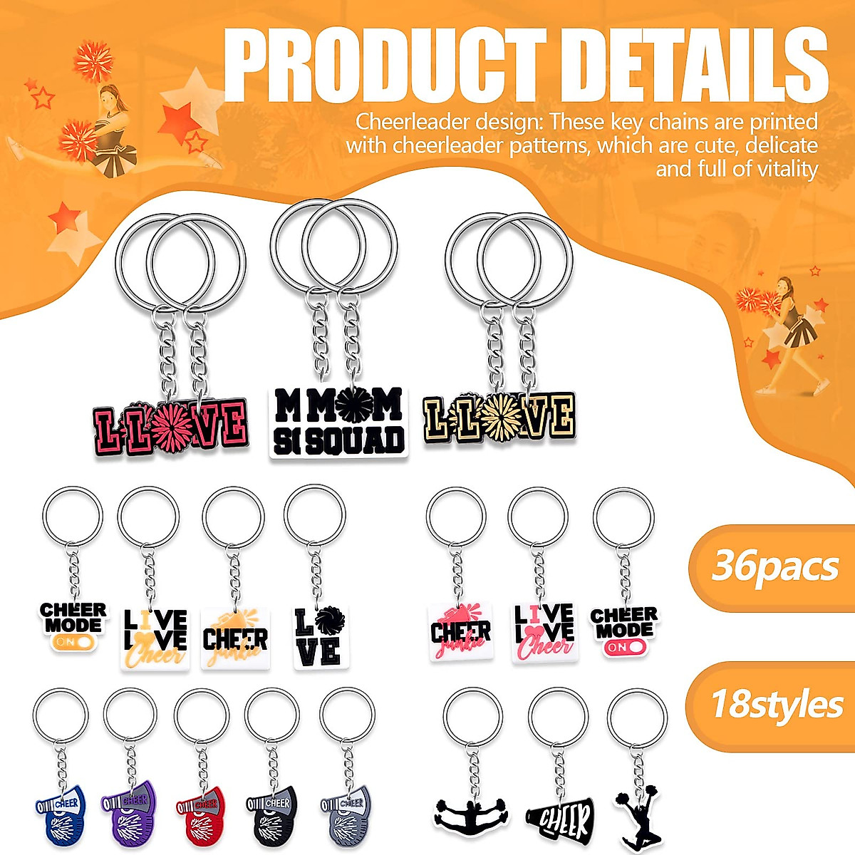 Henoyso 36 Pcs Cheerleading Gifts for Girls Cheer Keychains Bulk Cheerleader Backpack and Purse Charms for Women Team Jewelry Accessories Bag Decorations