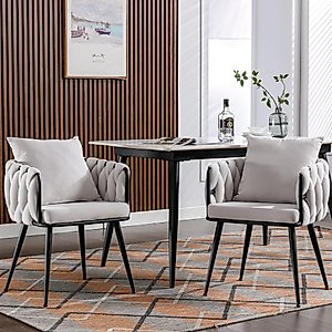 Gecheer Pure Ivory Modern Velvet Dining Chairs Set of 2 Hand Weaving Accent Chairs Living Room Chairs Upholstered Side Chair with Black Metal Legs for Dining Room Kitchen Vanity Living Room