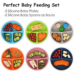 KingKam Kids Divided Plates -100% Safe BPA Free Soft Silicone Baby Toddler Plate, Dishwasher-Microwave Safe & Unbreakable Feeding set
