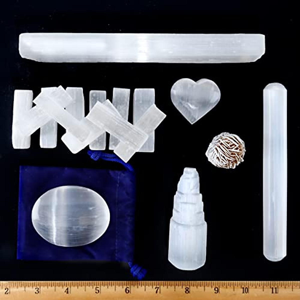 DANCING BEAR Selenite Protection Collection (22 pc Set): 12-15 Sticks (1.5-2”), Palm Stone, Heart, Tower, 8" Stick, 5.5" Massage Wand, and Desert Rose