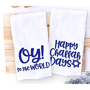 Funny Jewish Holiday Kitchen Towel Set, Jewish Puns, Oy to the World and Happy Challah Days Towel Set, Hostess and Housewarming Gift for Jewish Holiday (Oy to the World & Happy Challah Days)