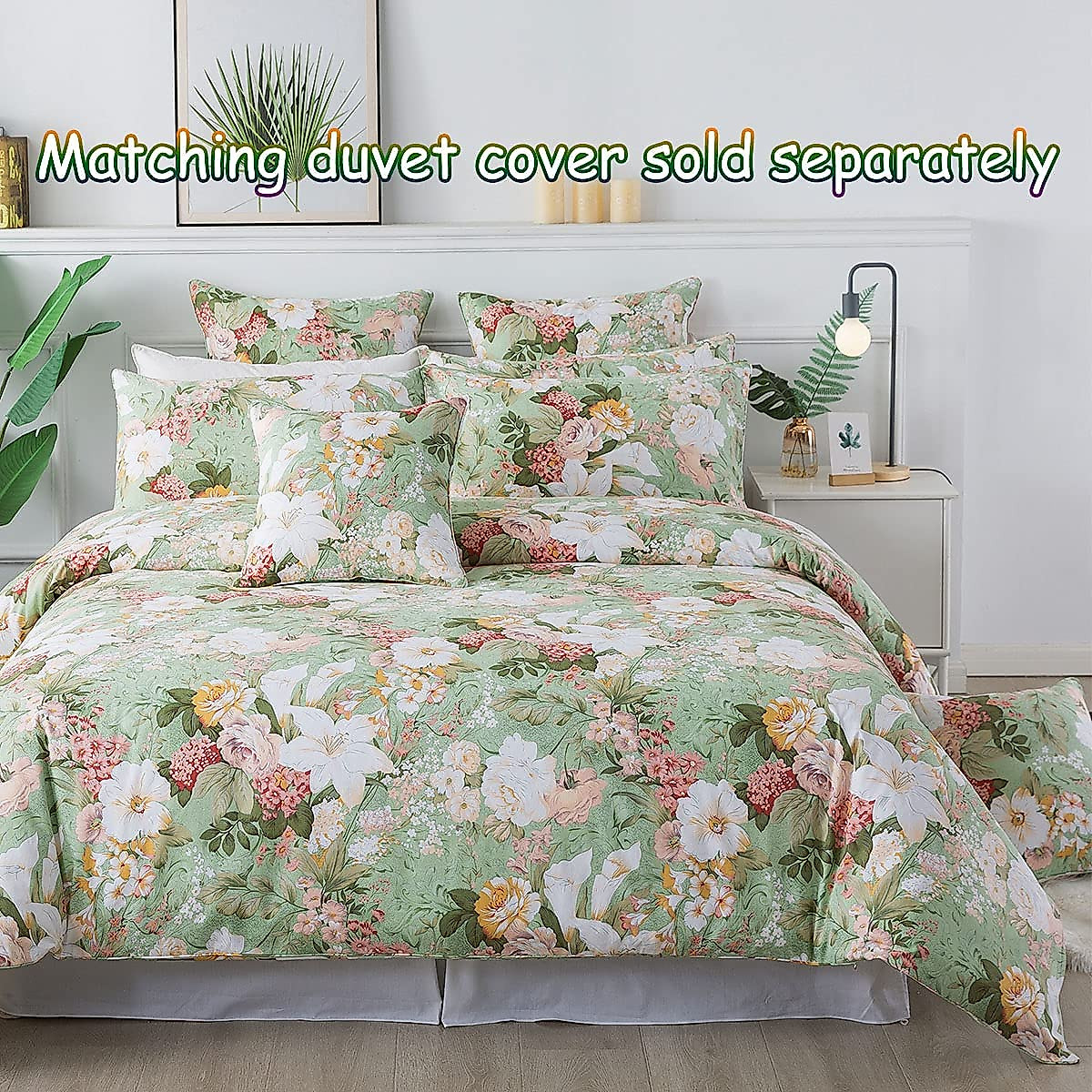 FADFAY Floral Bed Sheets Set Queen Size 100% Cotton Mint Green Botanical Sheet Sets Countryside Bedding Soft Breathable Girls Lily Flower Printed Deep Pocket Sheet 17.5 inch, 4 Pcs Queen