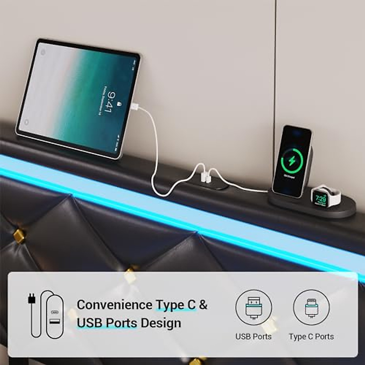 DICTAC Floating Bed Frame Full Size with Headboard and Charging Ports Modern Visual Full Floating Bed with Led Lights Black Faux Leather Upholstered Platform LED Full Bed Frame,No Box Spring Needed