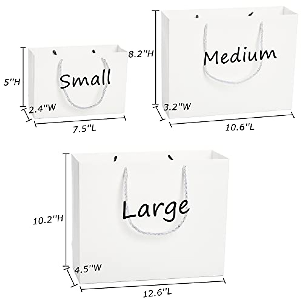 Lyellfe 30 Pack White Gift Bags, Waterproof Kraft Paper Bags with Handle Bulk, Heavy Duty Recyclable Shopping Bag, Retail Bags, Merchandise Bags for Birthday, Wedding, Party, Christmas, S, M, L