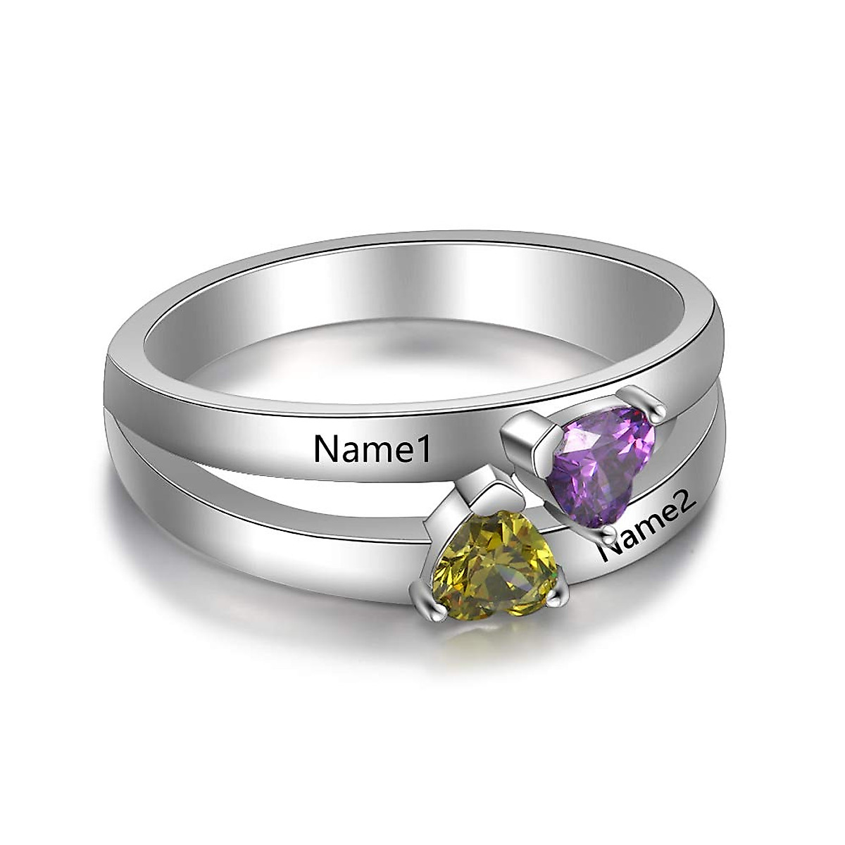Ashleymade Heart Promise Rings for Her Personalized 2 Names 2 Simulated Birthstone Mother Daughter Rings Engagement Rings for Women (Silver, 9)