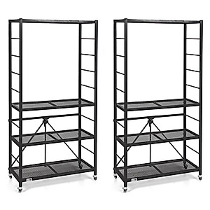 Origami R2 Series Folding Heavy Duty Steel Storage Rack Adjustable Shelving Portable Home Organization Unit with Wheels, Set of 2, Black