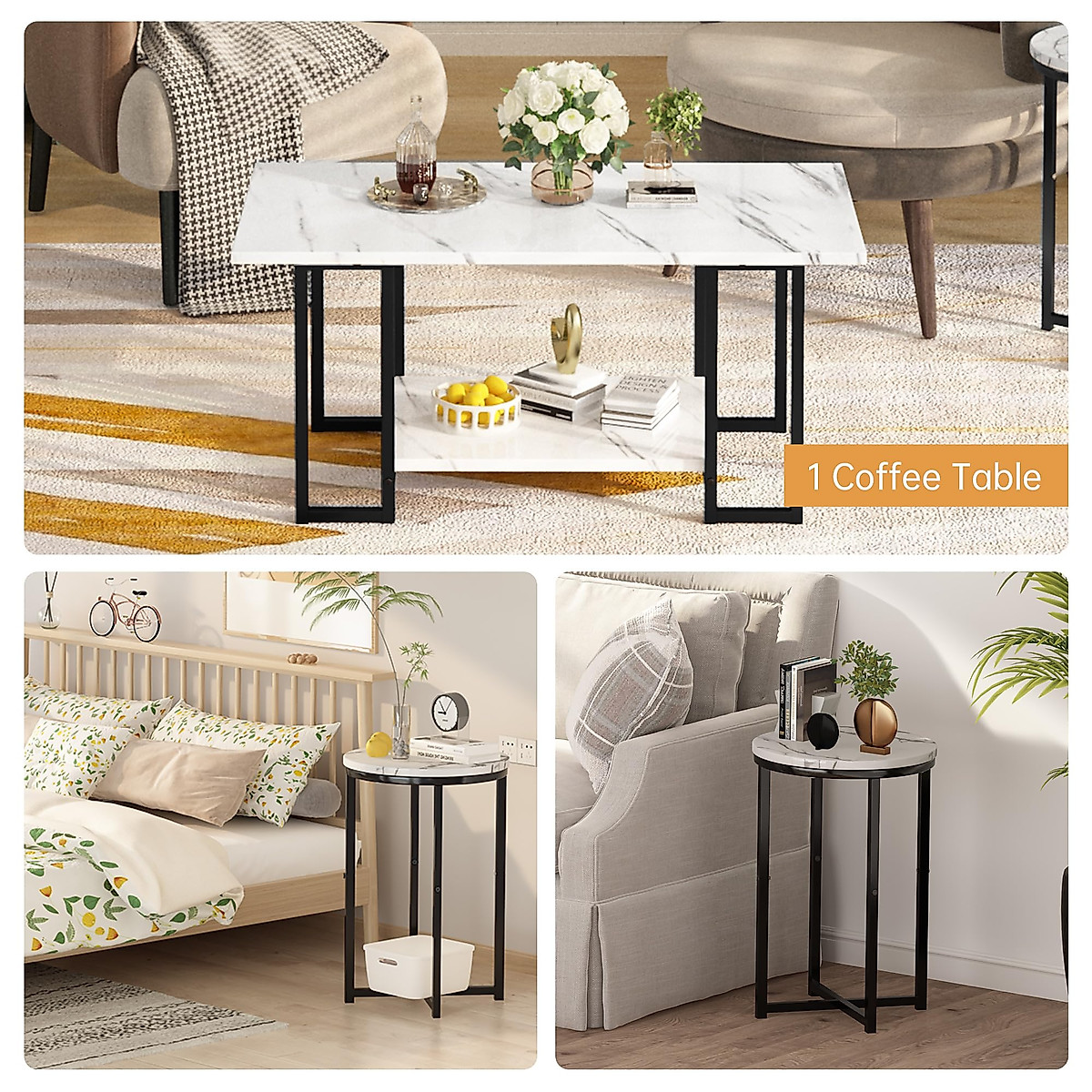 Lamerge 3 Pieces Living Room Table Set, Faux Marble Coffee Table with 2 Round End Side Tables, Coffee Table Set with Metal Frame for Apartment Home Office, White Black