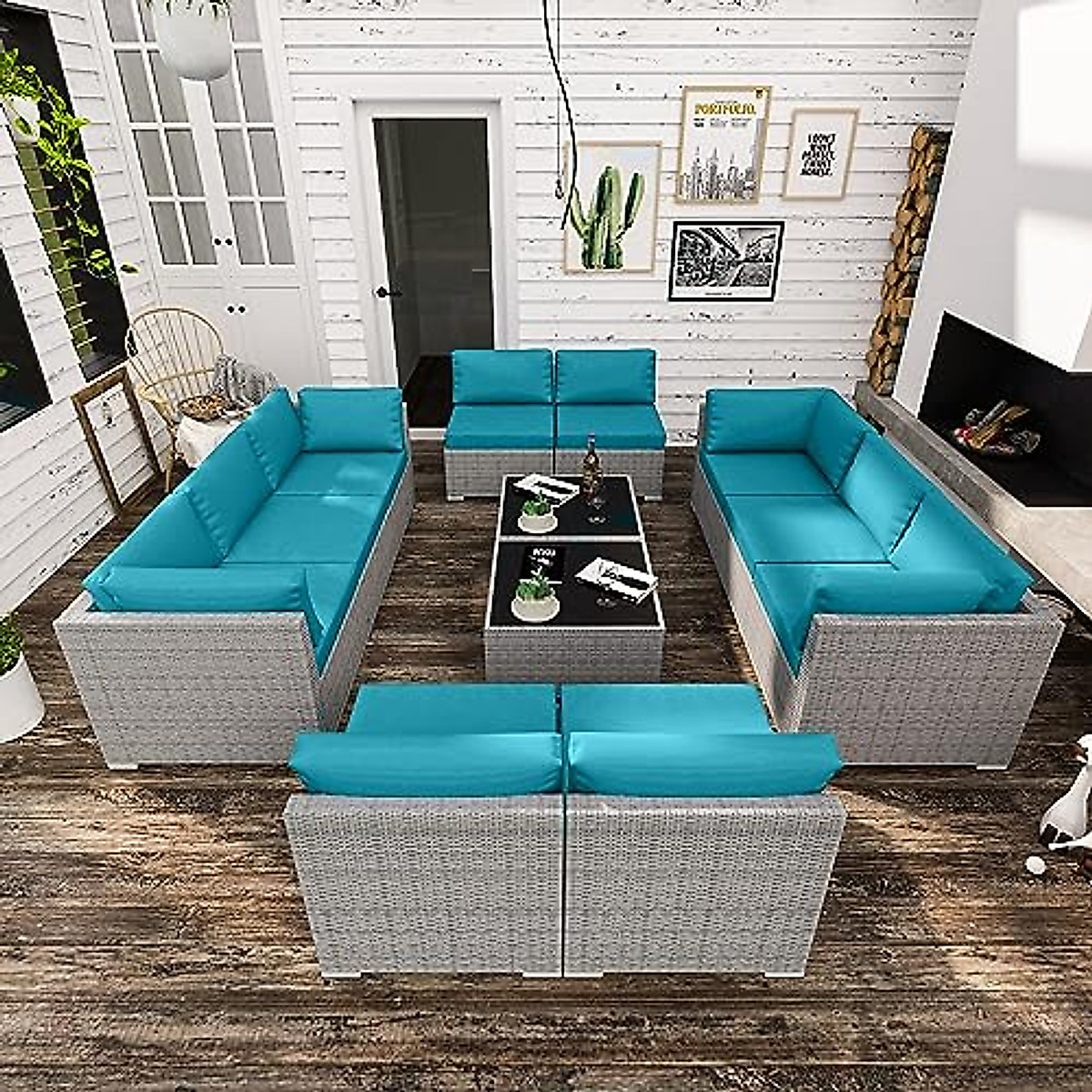 EAGLE PEAK 12 Piece Outdoor Wicker Patio Furniture Set with 2 Coffee Tables, PE Rattan Sectional Conversation Sofa Set with Seating for 10 People, Light Blue