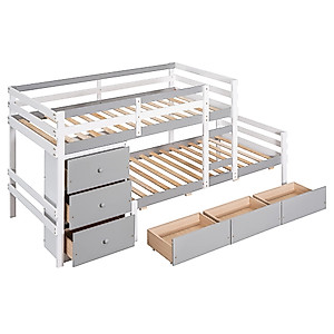 Low Loft Bed with Storage Drawers and Dresser, Wood Twin Over Twin Bunk Bed Frame for 2 Kids, Modern Junior Loft Beds with Storage and Platform Bed for Boys Girls Teens, Gray