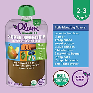 Plum Organics Super Smoothie Organic Toddler Food - Pear, Sweet Potato, Spinach, Blueberry, Bean, and Oat - 4 oz (Pack of 4)