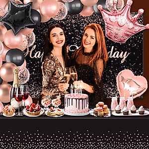 Black and Rose Gold Party Decorations, Rose Gold and Black Balloon Garland Kit with Birthday Backdrop Tablecloth for Women Girls Rose Gold Black Birthday Party Decorations Supplies