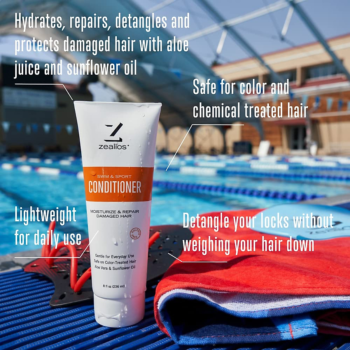 Zealios Shampoo & Conditioner Moisturizing Renewal Kit - Repairs Swimmers Hair Damaged by Pool Chemicals, Sulfate-Free Swim & Sport Formula Safe For Treated Hair & Chlorine Removal - 8 fl oz Each
