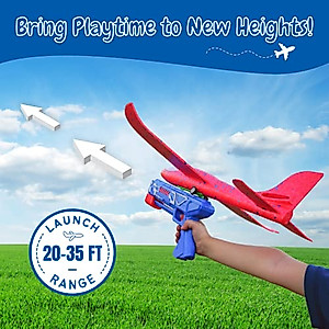 Toy Airplane Launcher - Outdoor Games - 4 Pack 17.5 Foam Glider Planes + 2 Launchers + 4 Sets of Stickers - LED Lights - Throwing Toys for Kids - Red & Blue Flying Toys – 4 5 6 7 8 Year Old Boys Girls