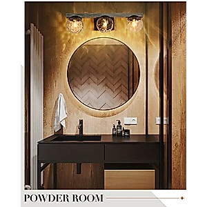YKLITG Farmhouse Vanity Lights, Rustic Bathroom Lights with Hammered Glass Shade, 3-Light Bathroom Vanity Light with Wood Base for Bathroom, BD019-3-BK