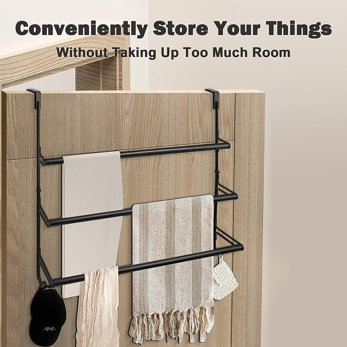 Livabber 3-Tier Over The Door Towel Rack, All Metal Towel Rack with Hooks for Door Hanging, Behind Door Towel Bar Towel Storage Holder for Bathroom Accessories, 22.83" L x 5.9" Wx 24.4" H (Black)