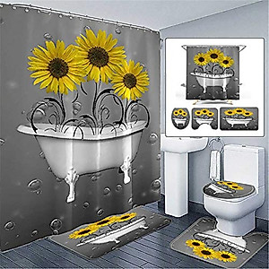 AXISRC 4Pcs Set Shower Curtain Bath Mat Set Sunflower Carpet Rugs Bath Curtain Bathroom Pedestal Toilet Seat Floor Mat 71x71inches