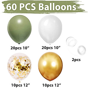 60 Pcs White Sage Green Balloons Latex Balloons with Artificial Eucalyptus Leaves Confetti Balloons for Birthday Baby Bridal Shower Wedding Party Decoration