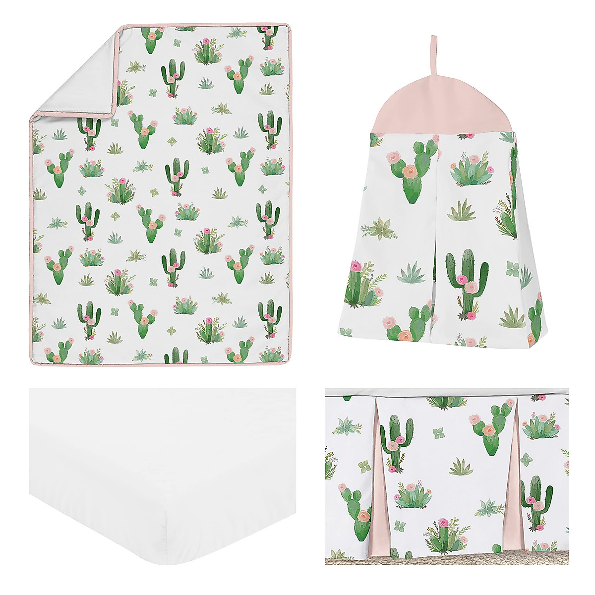 Sweet Jojo Designs Pink and Green Boho Watercolor Cactus Floral Baby Girl Crib Bedding Set 4 pieces