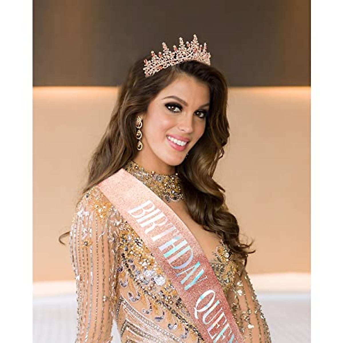 Birthday Sash and Tiara for Women Rose Gold Glitter Crystal Tiara & "Birthday Queen" Sash Set Birthday Crown and Sash for Girls Princess Birthday Decorations Party