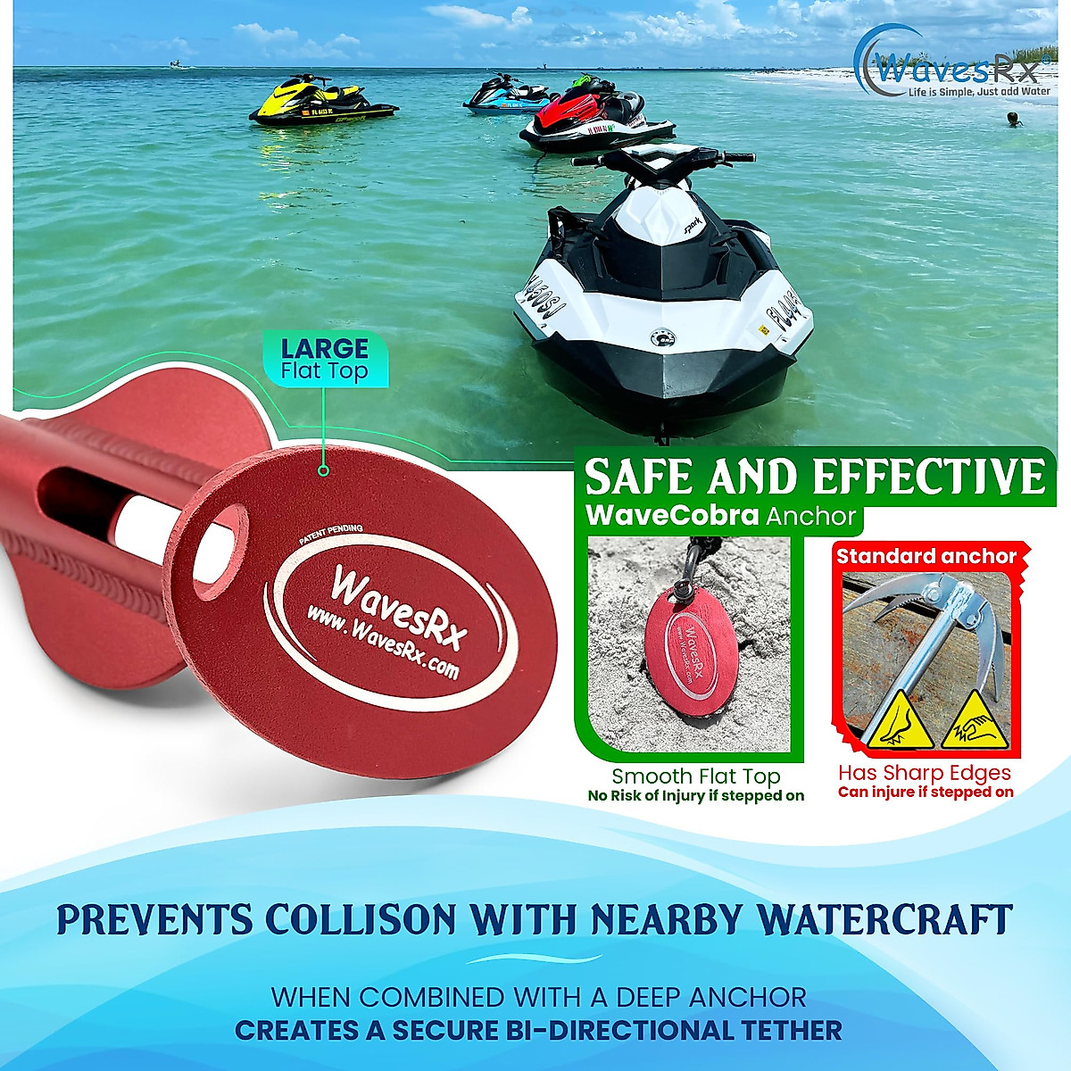 WAVESRX 12" Aluminum Sand Spike Beach Anchor - WaveCobra | Keeps Your Watercraft Securely Anchored Near Shore, Sandbar or in Shallow Water | Ultra Light Patent Pending Design for Jet Ski & Small PWC