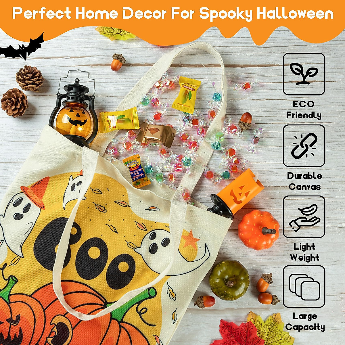 ATFUNSHOP Trick or Treat Bags Halloween Bags 13.8X13.8'' Pumpkins Ghost Boo Bag Canvas Reusable Large Tote Bucket for Kids