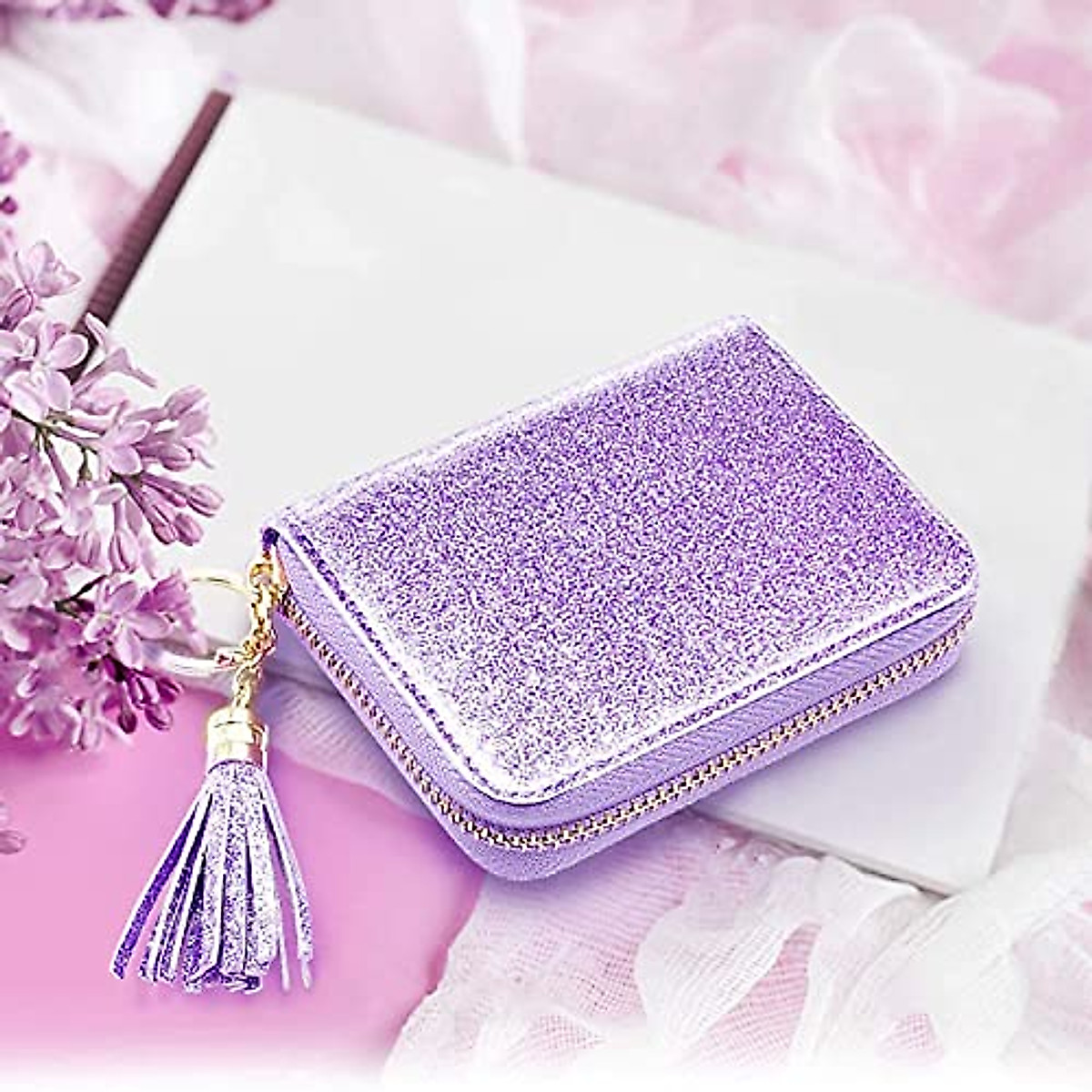 ENYISDAN Purple Small Wristlet Wallets for Women Glitter Cute FRID Leather Credit Card Holder Wallets for Ladies Girls Short Purse