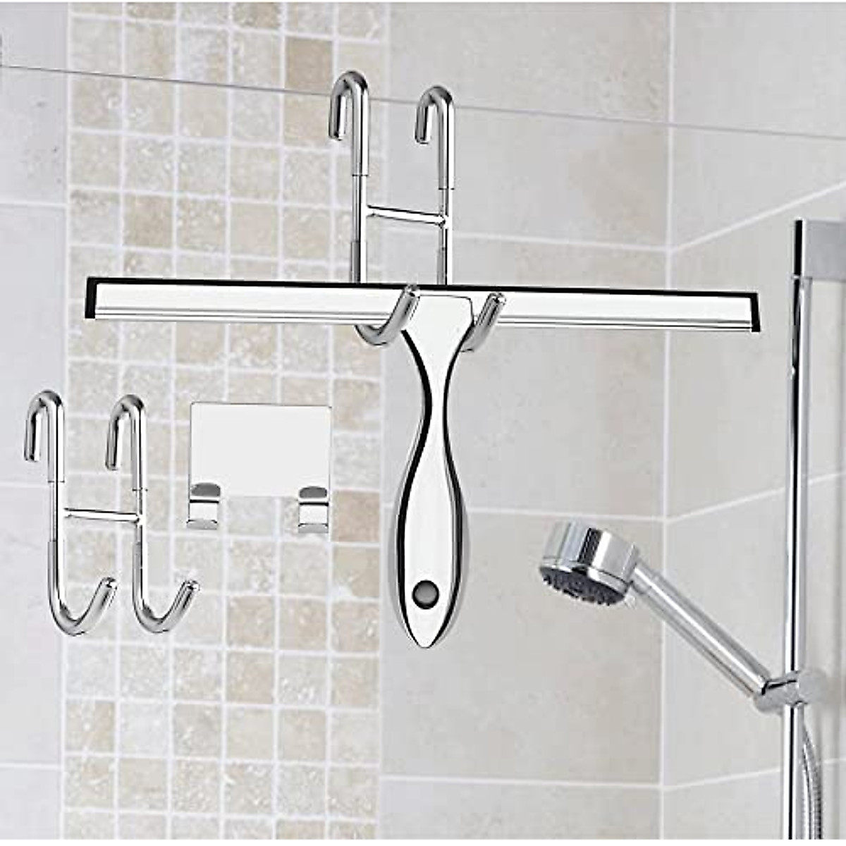 Squeegee for Shower Glass Door 12 Inch with Hooks, Shower Door Hook and Adhesive Hook, Stainless Steel Squeegee with Handle Rust Proof for Bathroom Glass Door, Mirror, Tile and Window Cleaning, Silver